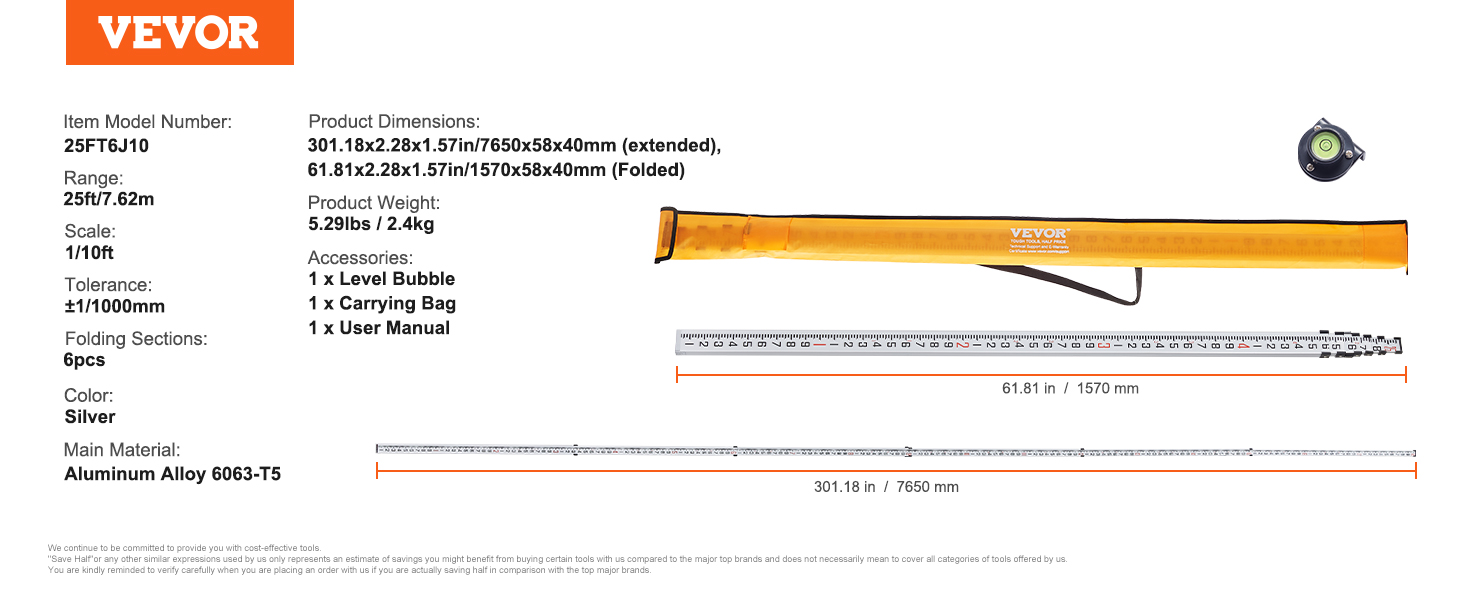 VEVOR Aluminum Grade Rod, 25-Feet/10ths 6 Sections Telescopic Measuring ...