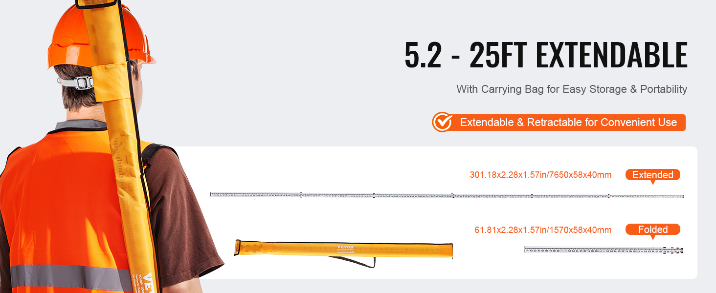 VEVOR Aluminum Grade Rod, 25-Feet/10ths 6 Sections Telescopic Measuring ...