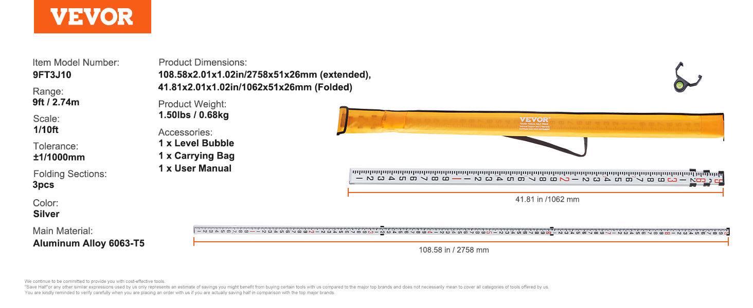 VEVOR Measuring Rod 9-Feet/10ths 3 Sections Telescopic Grade Rod 1/10ft ...