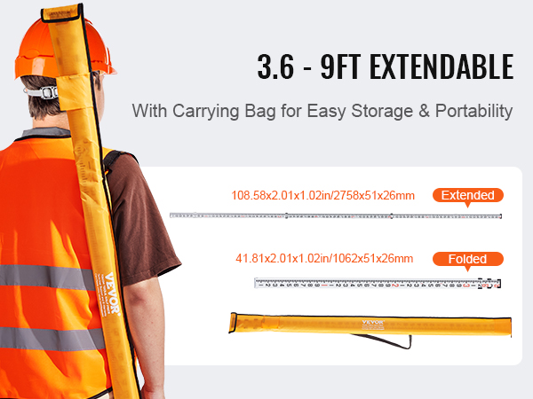 VEVOR Measuring Rod 9-Feet/10ths 3 Sections Telescopic Grade Rod 1/10ft ...