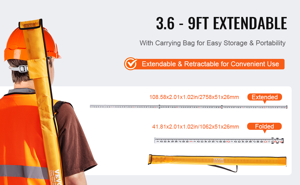 VEVOR Aluminum Grade Rod, 9-Feet/10ths 3 Sections Telescopic Measuring ...