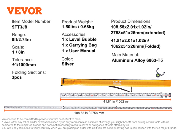 VEVOR Measuring Rod 9-Feet/8ths 3 Sections Telescopic Grade Rod 1/8in w ...