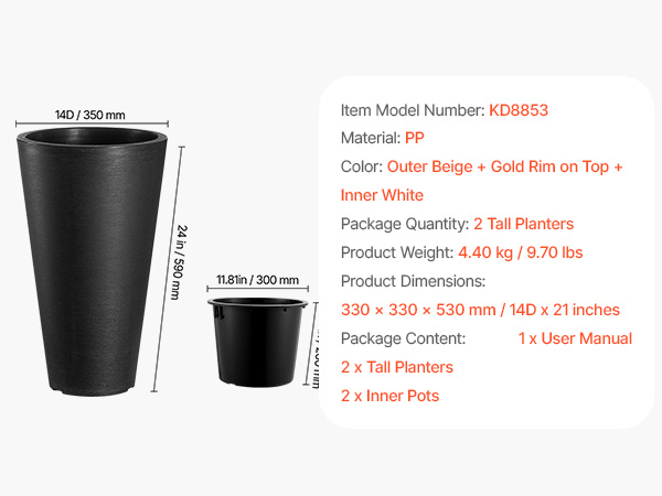 Tall Planter Set of 2 Round Tapered Plant Pots 24 in for Outdoor Indoor ...