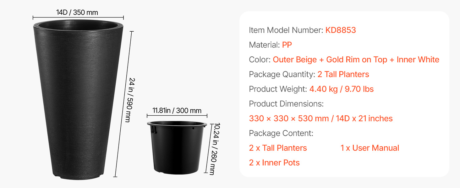 Tall Planter Set of 2 Round Tapered Plant Pots 24 in for Outdoor Indoor ...
