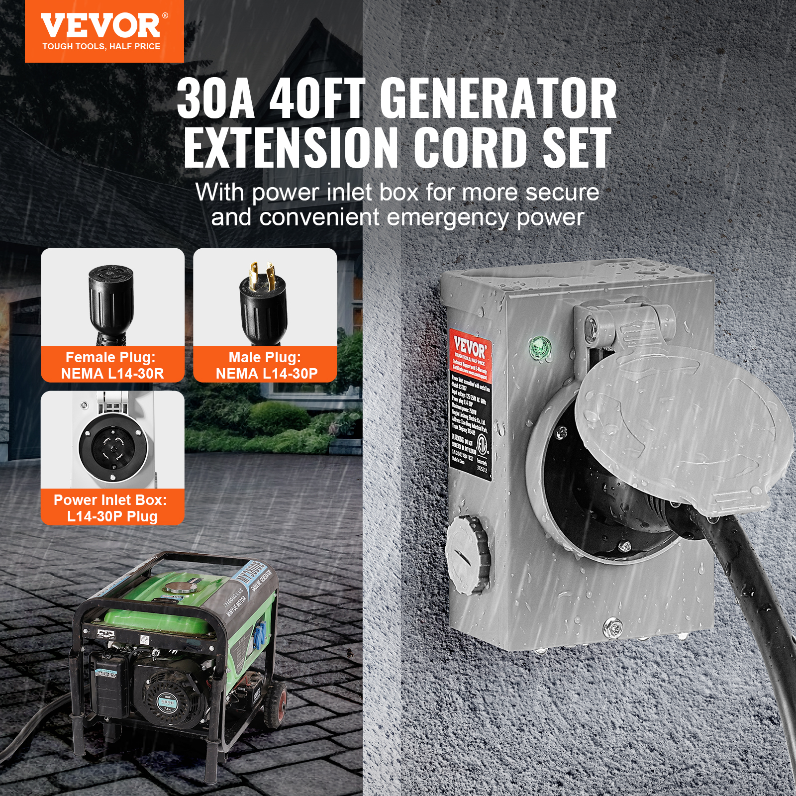 VEVOR 50/30 Amp Generator Cord and Power Inlet Box 15/25/20/40/50FT | eBay