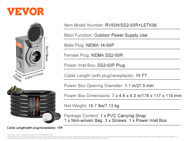 VEVOR 50 Amp Generator Cord and Power Inlet Box Kit, 15FT, NEMA 14-50P ...