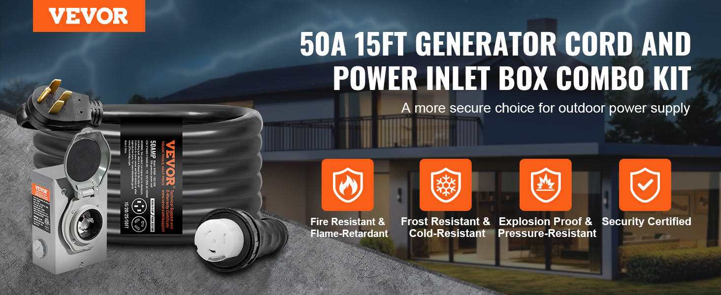 VEVOR 50 Amp Generator Cord and Power Inlet Box Kit, 15FT, NEMA 14-50P ...