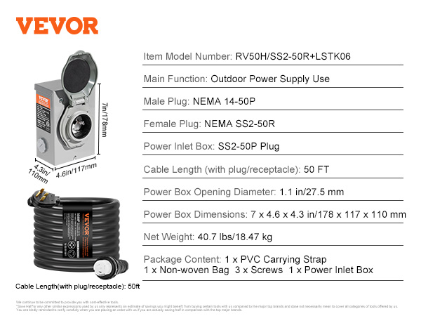 VEVOR 50 Amp Generator Cord and Power Inlet Box Kit, 50FT, NEMA 14-50P ...