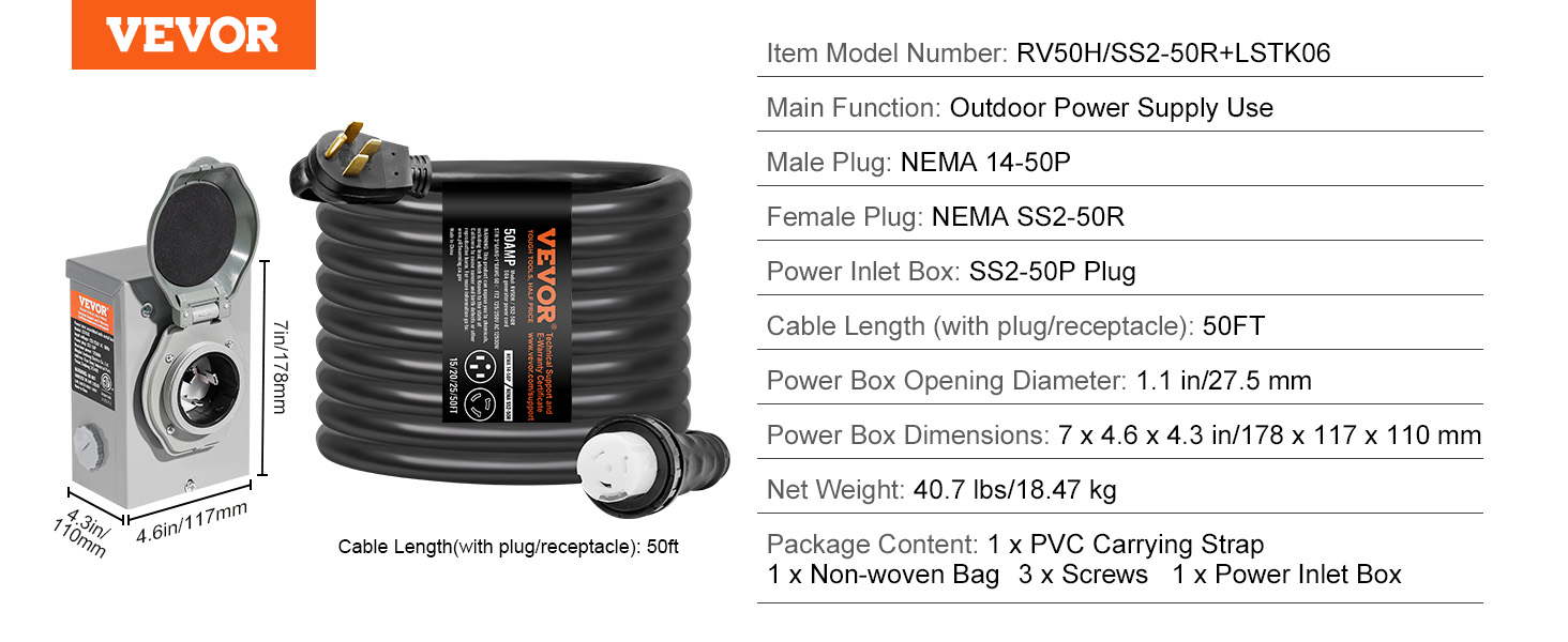 VEVOR 50 Amp Generator Cord and Power Inlet Box Kit, 50FT, NEMA 14-50P ...