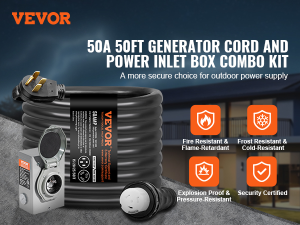 VEVOR 50 Amp Generator Cord and Power Inlet Box Kit, 50FT, NEMA 14-50P ...