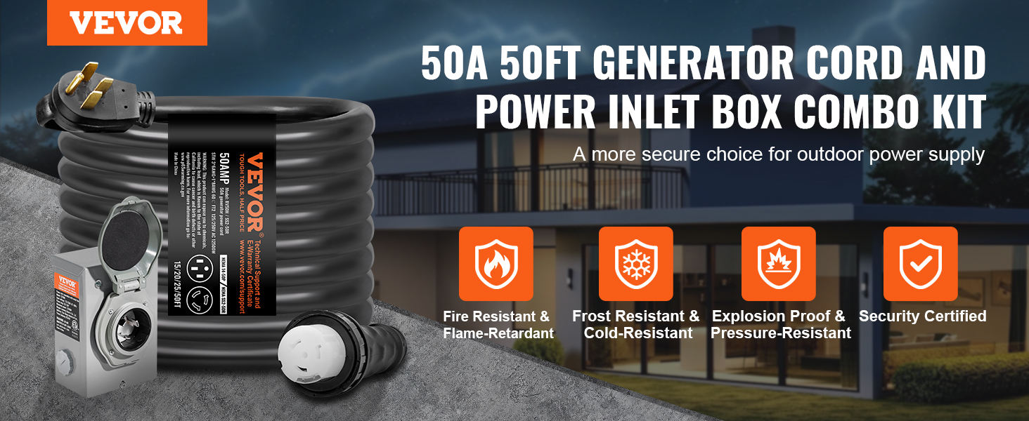 VEVOR 50 Amp Generator Cord and Power Inlet Box Kit, 50FT, NEMA 14-50P ...