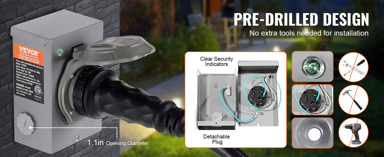 VEVOR 50 Amp Generator Cord and Power Inlet Box Kit, 50FT, NEMA 14-50P ...
