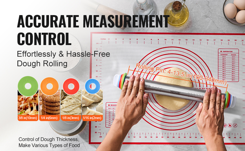 Adjustable Rolling Pin Stainless Steel with Thickness Rings and Baking ...