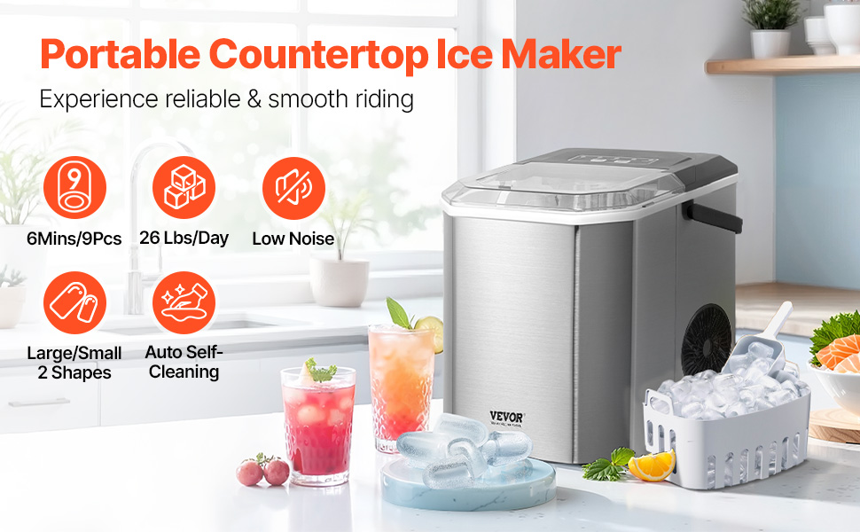 VEVOR Portable Countertop Ice Maker 26Lbs/24H Self-Cleaning with Scoop ...