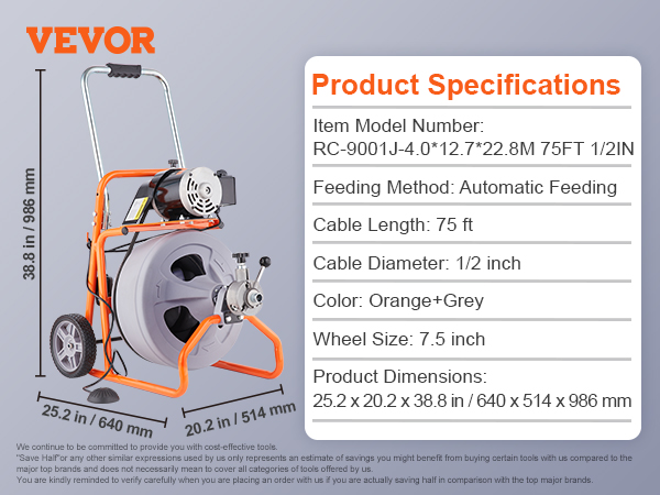 VEVOR Drain Cleaner Machine 75FT x 1/2 Inch Auto Feed with Wheels & 8 ...