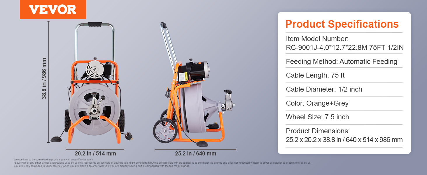 VEVOR Drain Cleaner Machine 75FT x 1/2 Inch Auto Feed with Wheels & 8 ...