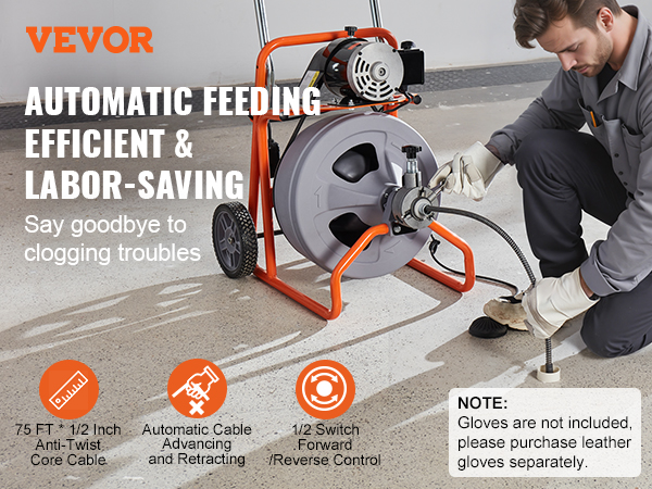 VEVOR Drain Cleaner Machine 75FT x 1/2 Inch Auto Feed with Wheels & 8 ...