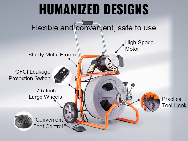 VEVOR Drain Cleaner Machine 75FT x 1/2 Inch Auto Feed with Wheels & 8 ...