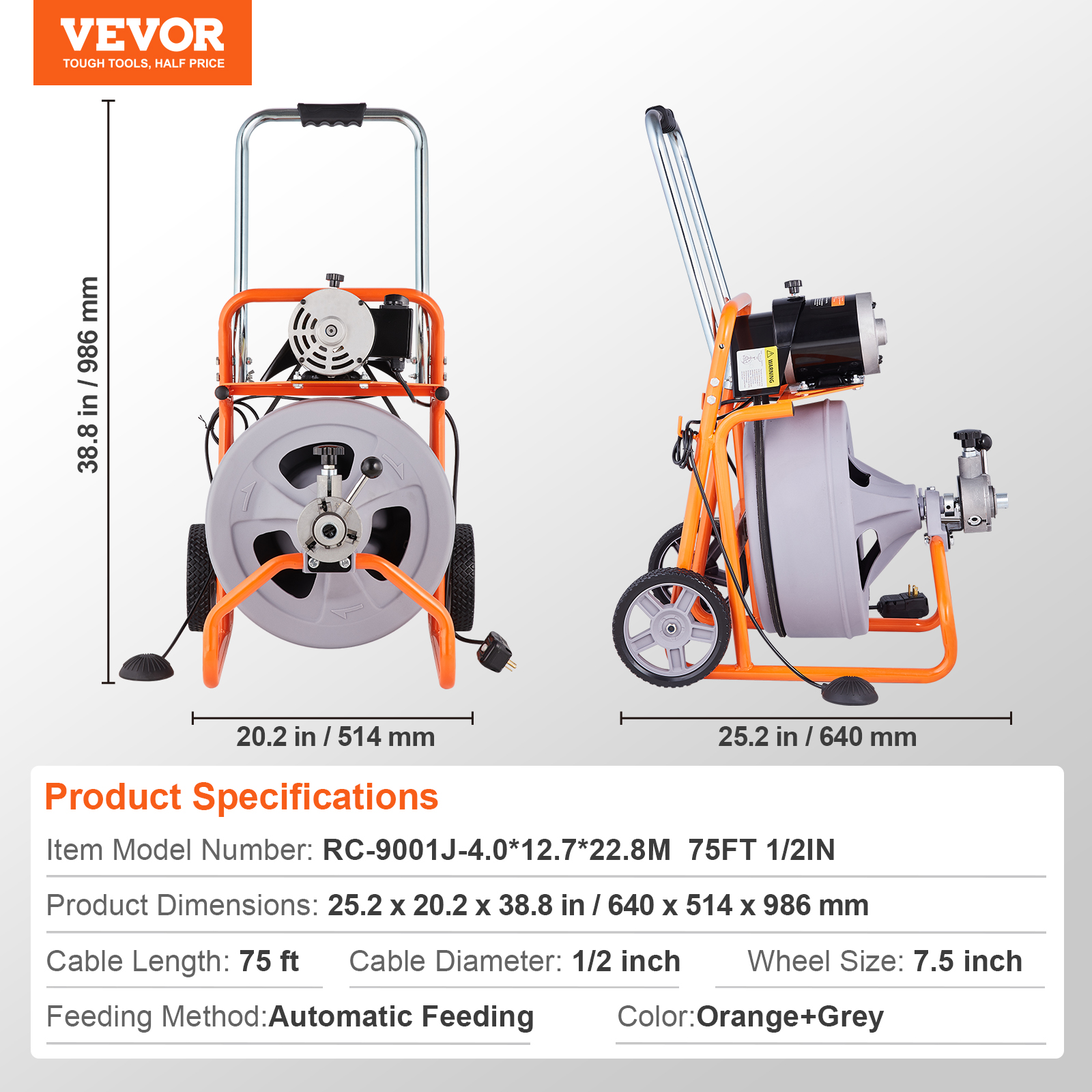 VEVOR Drain Cleaner Machine Electric Drain Auger 100/50/75'x1/2/ 3/8 ...