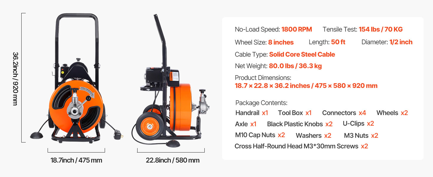 VEVOR Drain Cleaning Machine 50 FT x 1/2 Inch, Sewer Snake Machine Auto ...