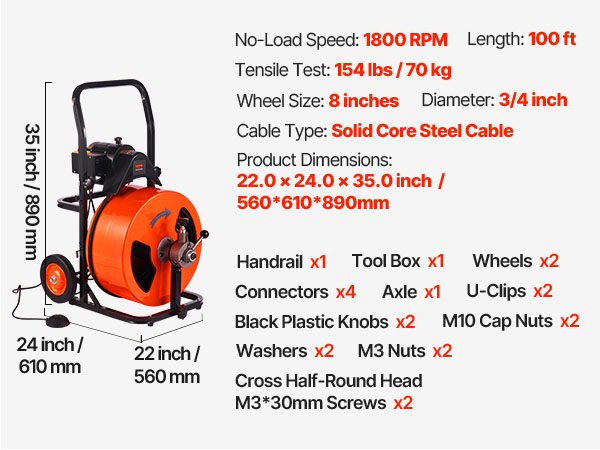 VEVOR Drain Cleaning Machine 100FT x 3/4 Inch, Sewer Snake Machine Auto ...