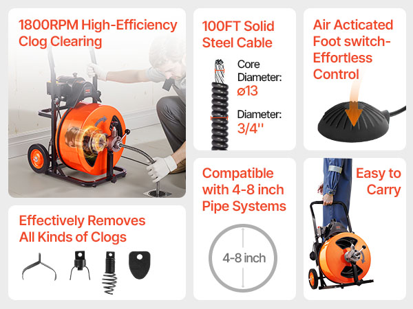 VEVOR Drain Cleaning Machine 100FT x 3/4 Inch, Sewer Snake Machine Auto ...