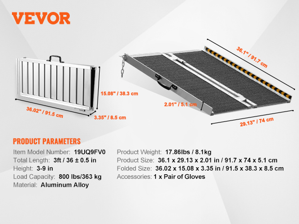 VEVOR Portable Wheelchair Ramp, 3 ft 800 lbs Capacity, Non-Slip ...