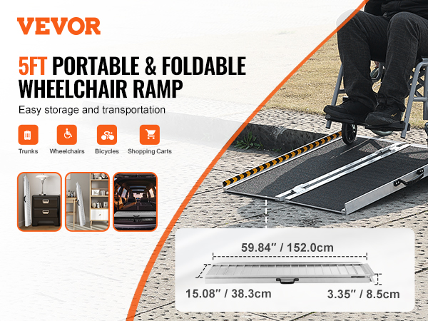 VEVOR Portable Wheelchair Ramp, 5 ft 800 lbs Capacity, Non-Slip ...