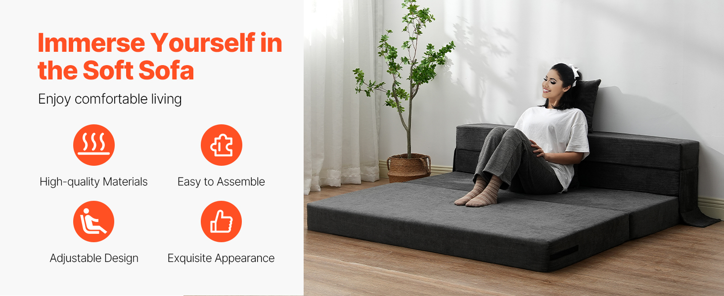 VEVOR foldbar sovesofa 3-i-1 foldbar sovesofa med 2 puder mørkegrå dronning | VEVOR DAN