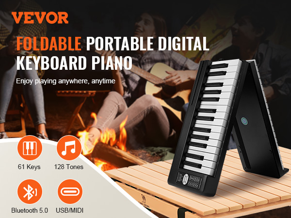VEVOR 61 Key Folding Keyboard Piano Bærbart Foldbart Piano Bluetooth MIDI Sort | VEVOR DAN