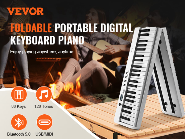 VEVOR 88 Key Folding Keyboard Piano Bærbart Foldbart Piano Bluetooth MIDI Hvid | VEVOR DAN
