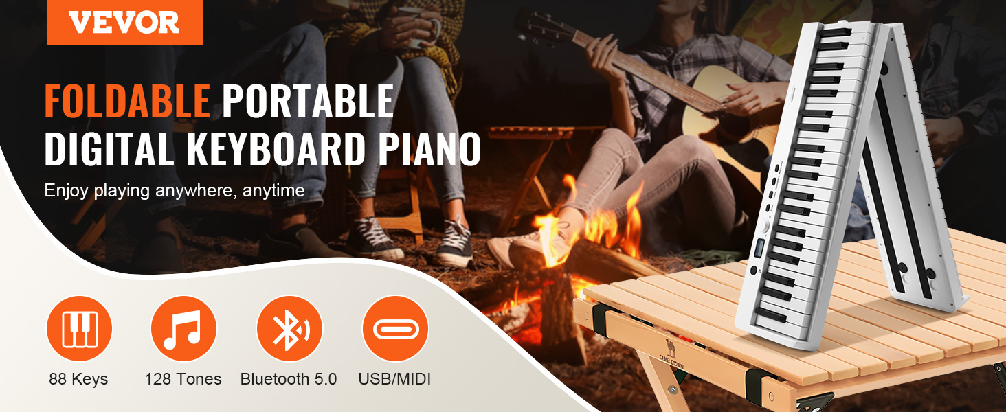 VEVOR 88 Key Folding Keyboard Piano Bærbart Foldbart Piano Bluetooth MIDI Hvid | VEVOR DAN