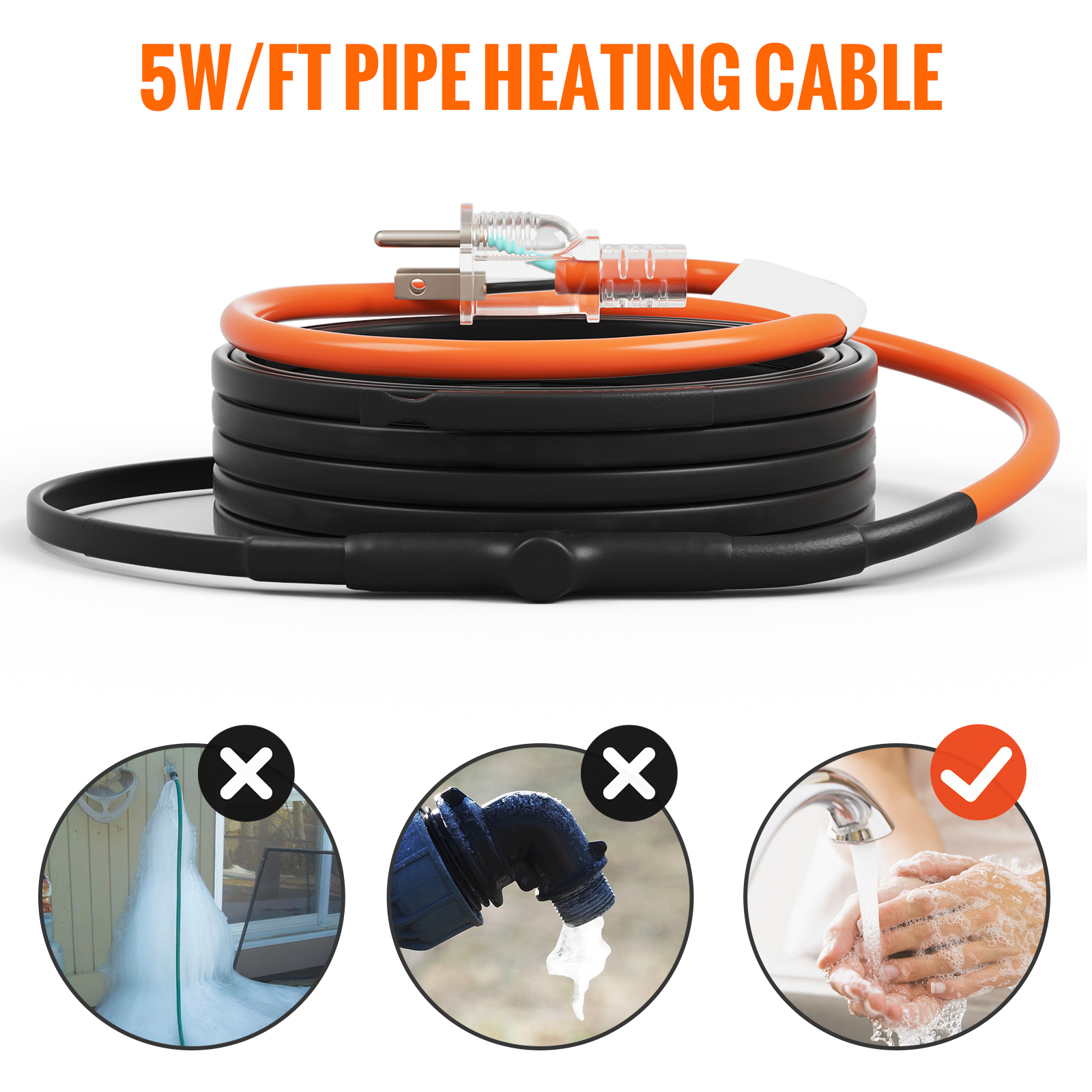 Self-Regulating Pipe Heating Cable 15FT 5W/FT Heat Tape with Thermostat ...