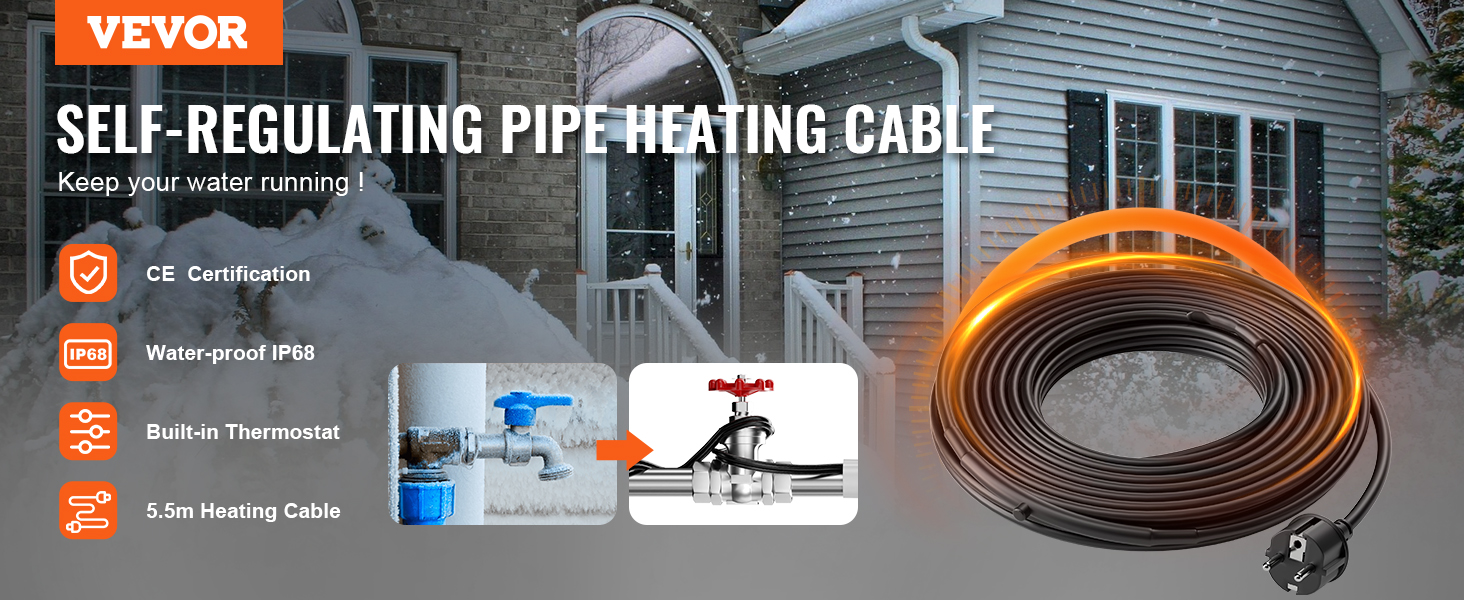 VEVOR Self-Regulating Pipe Heating Cable, 18-feet 5W/ft Heat Tape for ...