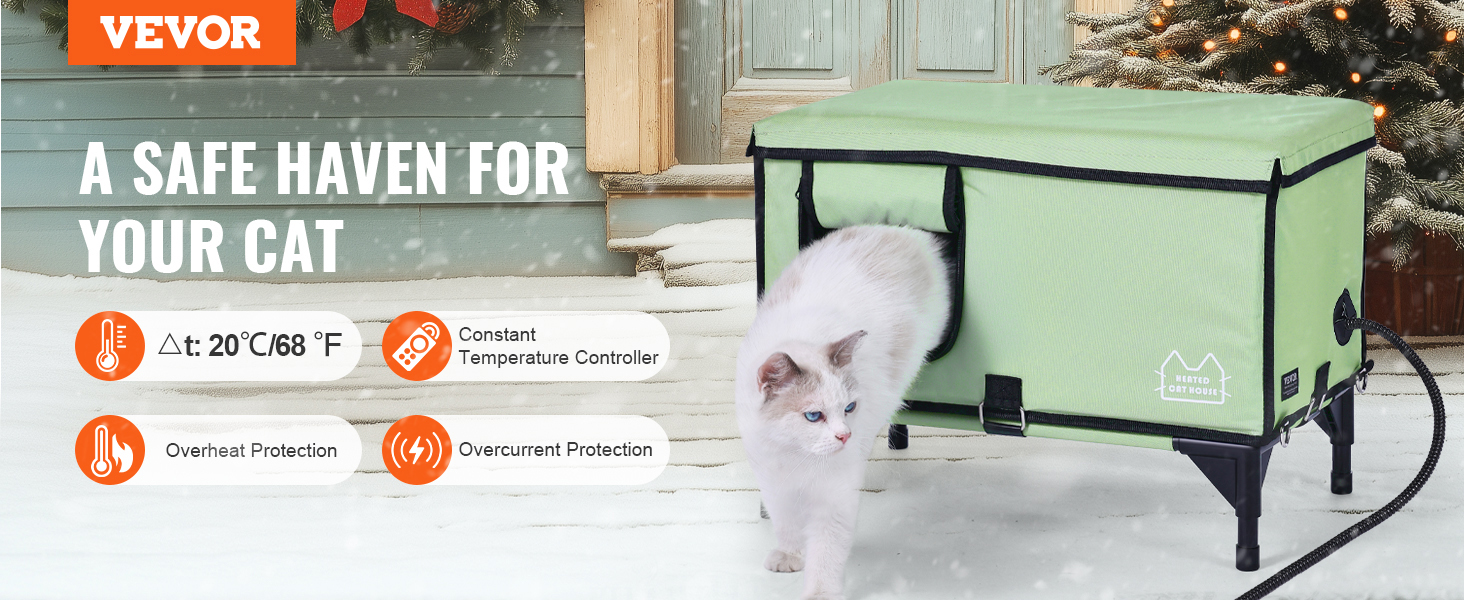 VEVOR Elevated Heated Cat House Cuboid Kitty Shelter with Heated Pad ...