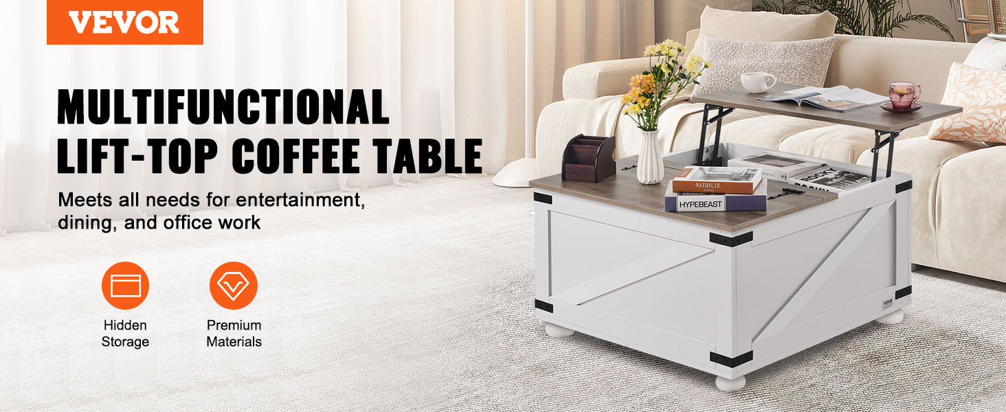 VEVOR 31.5" Farmhouse Coffee Table Hinged Lift Top Square Table with ...
