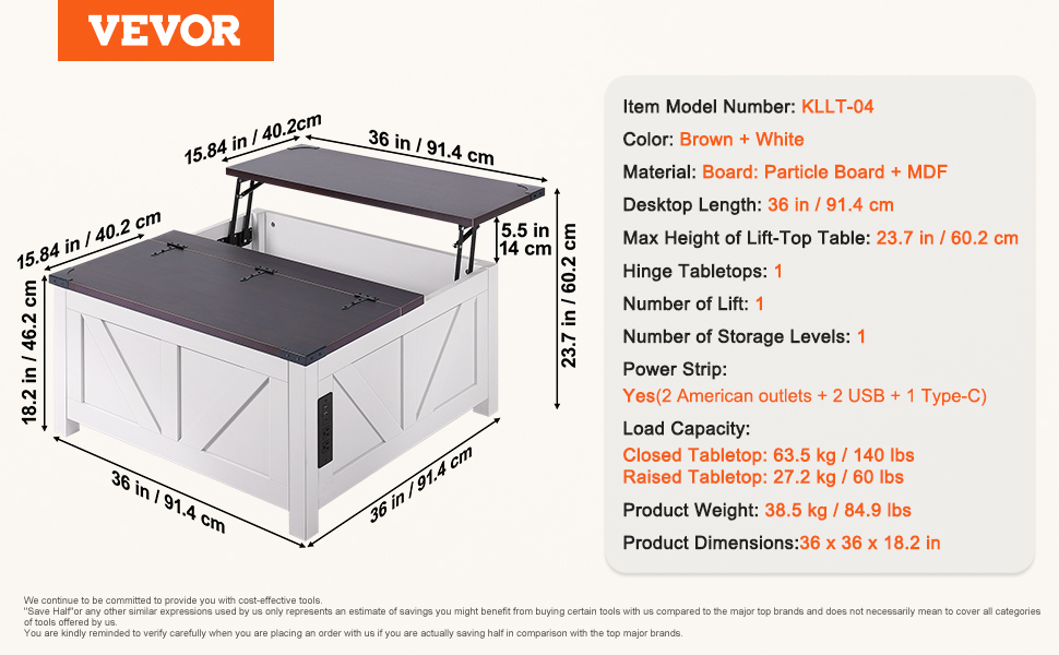 VEVOR 36" Farmhouse Coffee Table, Hinged Lift Top Square Coffee Table ...