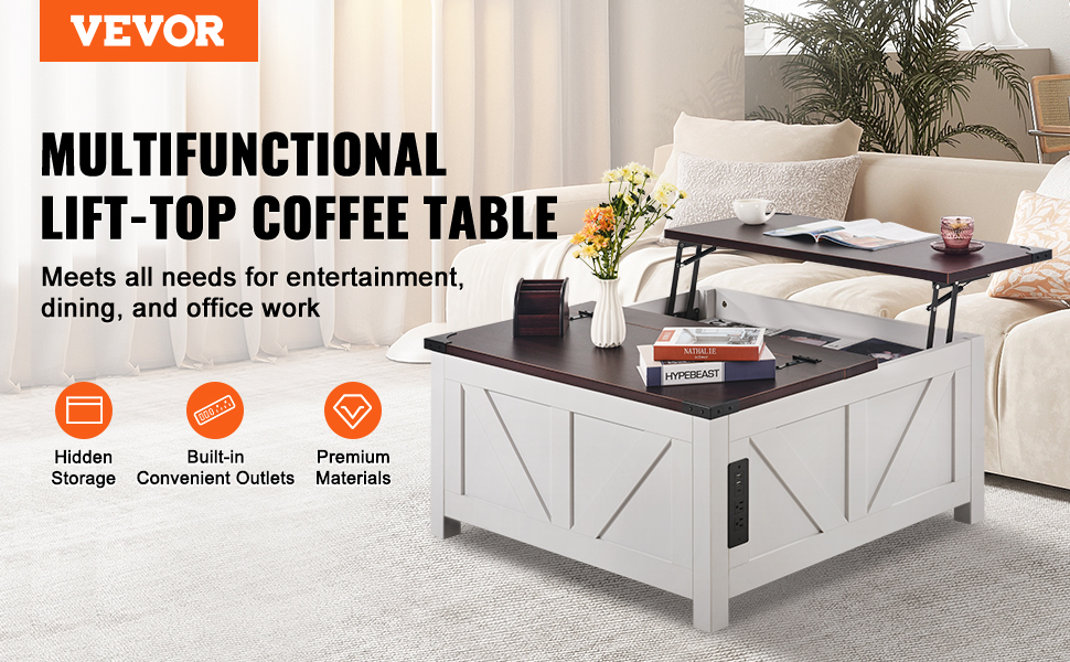 VEVOR 36" Farmhouse Coffee Table, Hinged Lift Top Square Coffee Table ...