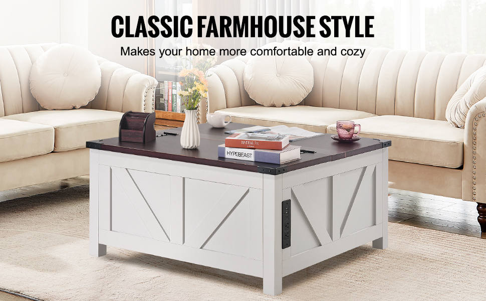 VEVOR 36" Farmhouse Coffee Table, Hinged Lift Top Square Coffee Table ...