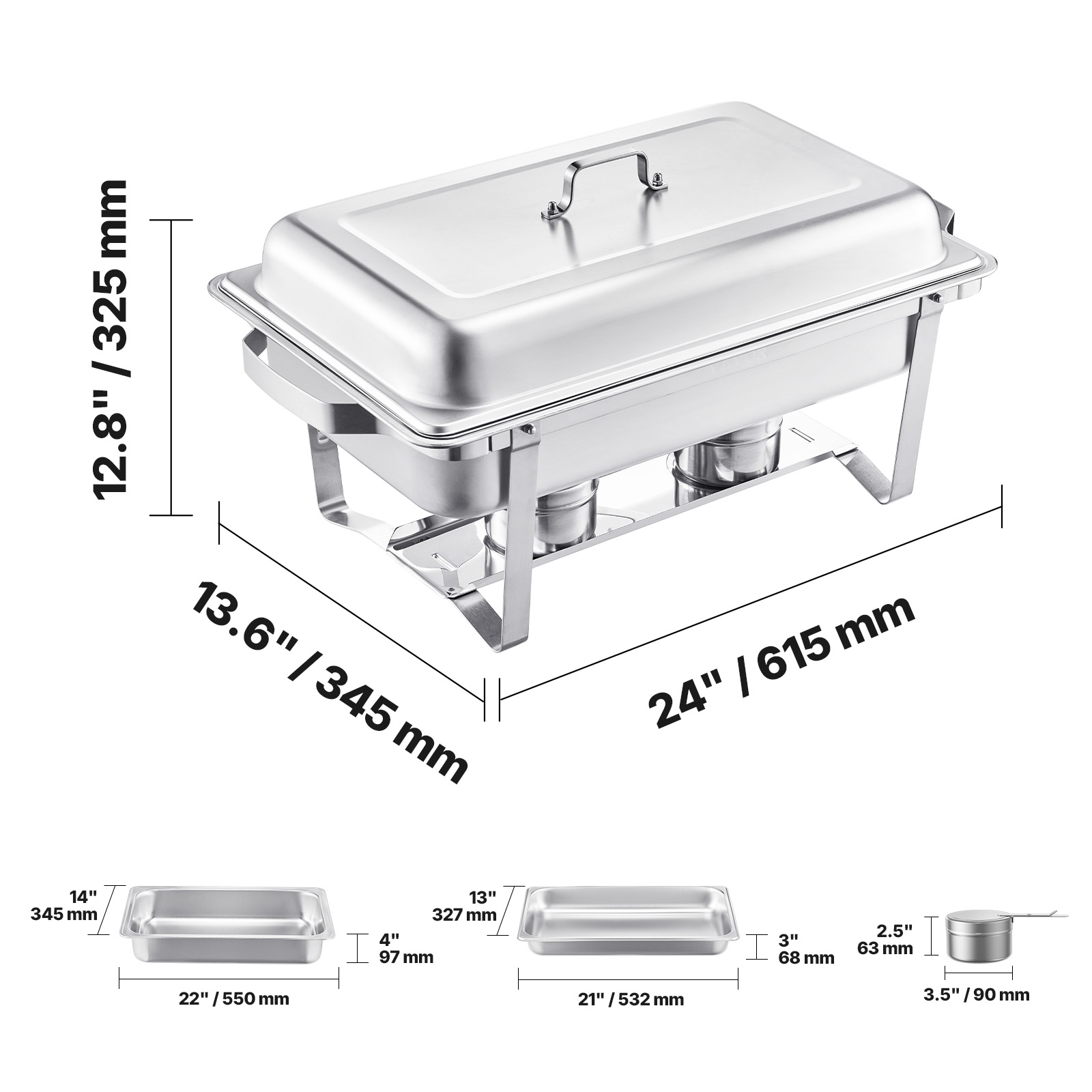 VEVOR Chafing Dish Buffet Set, 8 Qt 2 Pack, Stainless Steel Chafer with 2 Full Size Pans ...