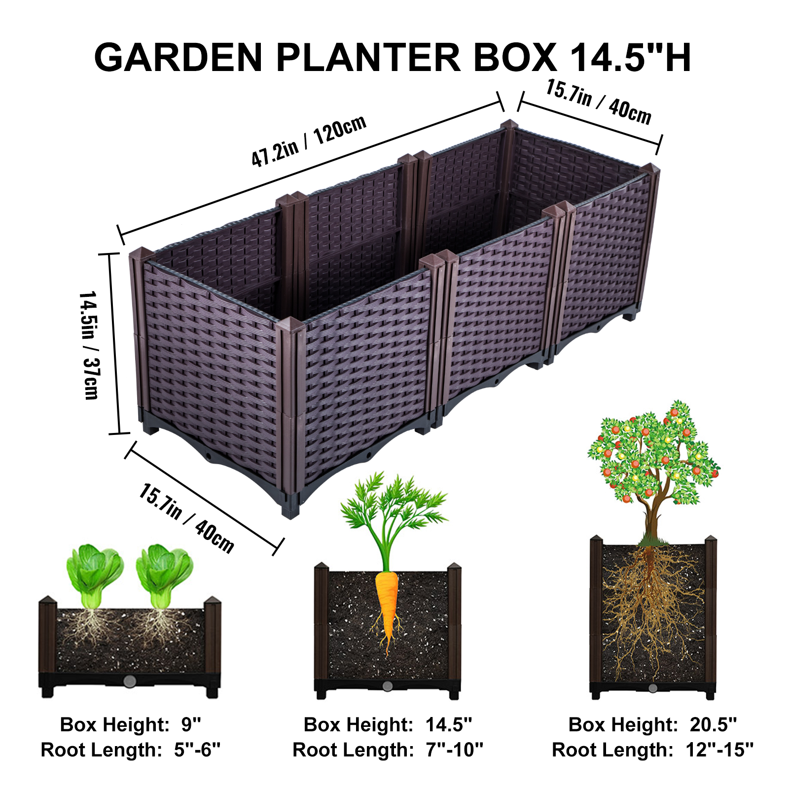 VEVOR Plastic Raised Garden Bed, 14.5" H Flower Box Kit, Brown Rattan ...