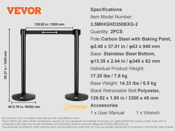 VEVOR Crowd Control Stanchions, 2-Pack Crowd Control Barriers, Carbon ...