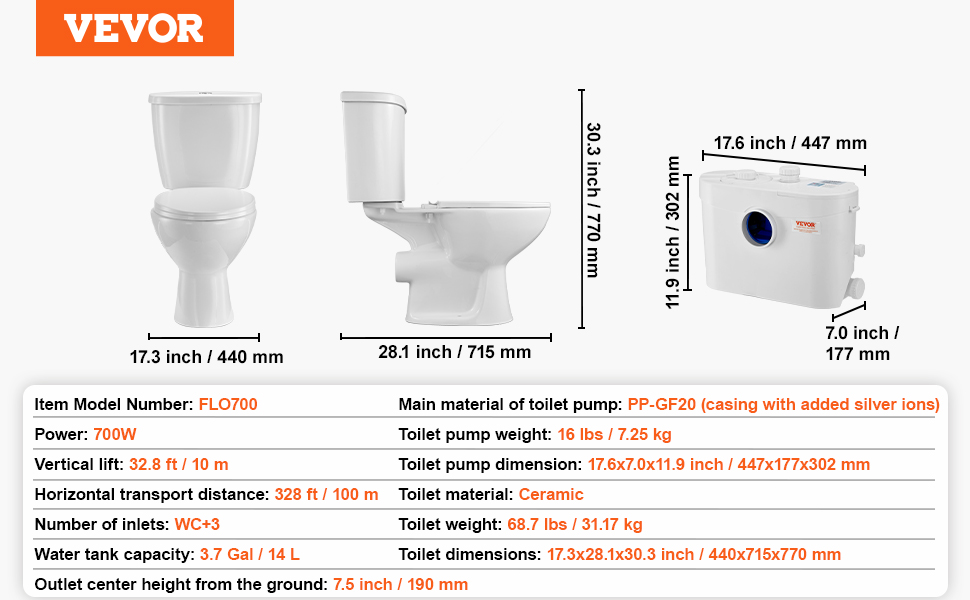 VEVOR Macerating Toilet System with 700W Pump Upflush Toilet For ...