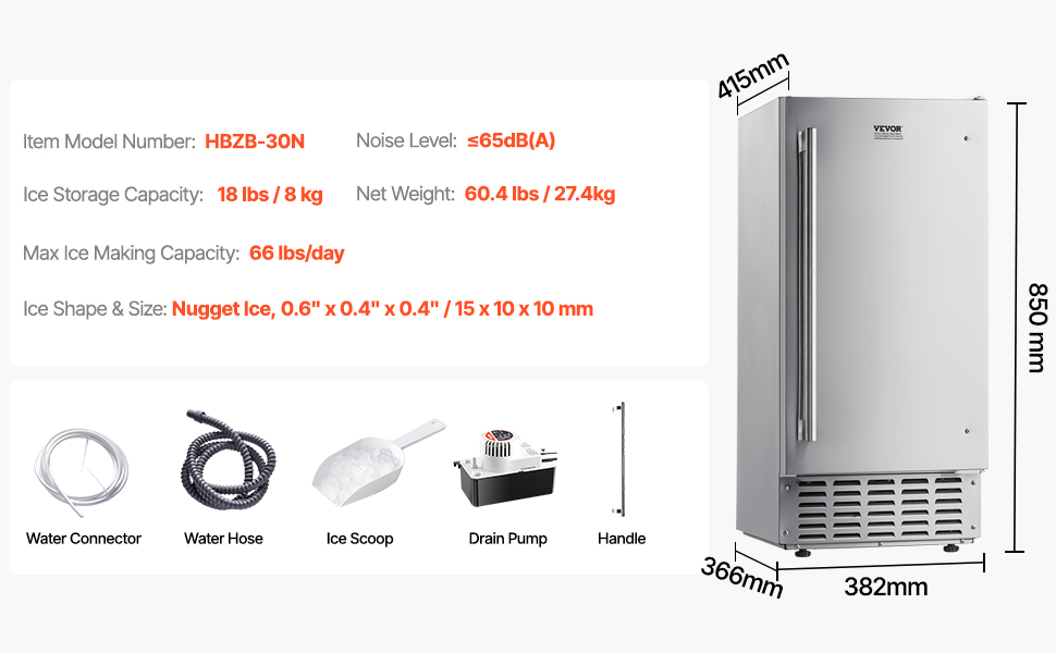 Undercounter Built-in Ice Maker Machine 66 Lbs/Day w/ Drain Pump ...