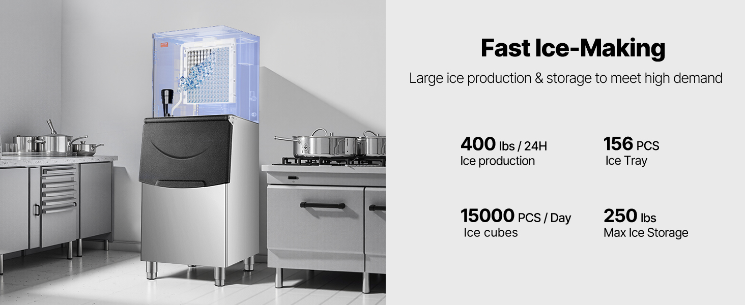 Commercial Ice Maker 400LBS/24H with 250LBS Storage Bin Auto Self-Cleaning | VEVOR US