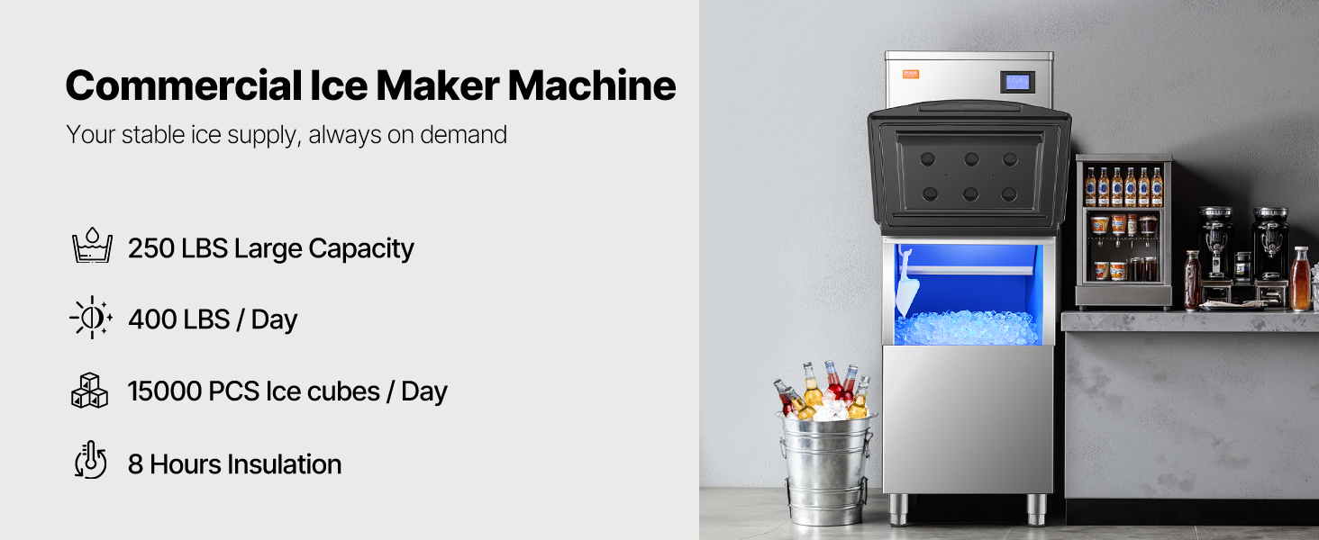 Commercial Ice Maker 400LBS/24H with 250LBS Storage Bin Auto Self ...