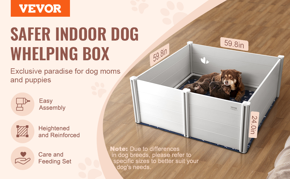 VEVOR Dog Whelping Box 59.8x59.8x24.0in PVC with Rails Pee Pad for Dogs ...