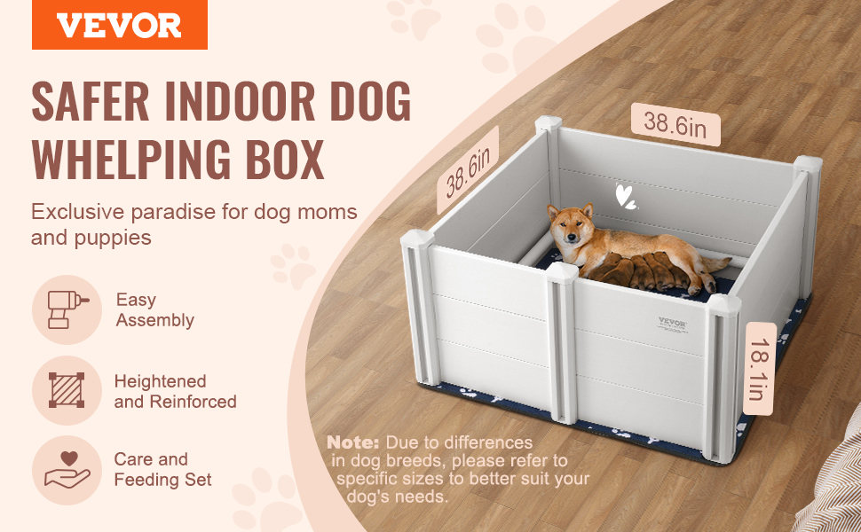 VEVOR Dog Whelping Box 38.6x38.6x18.1in PVC with Rails Pee Pad for Dogs ...