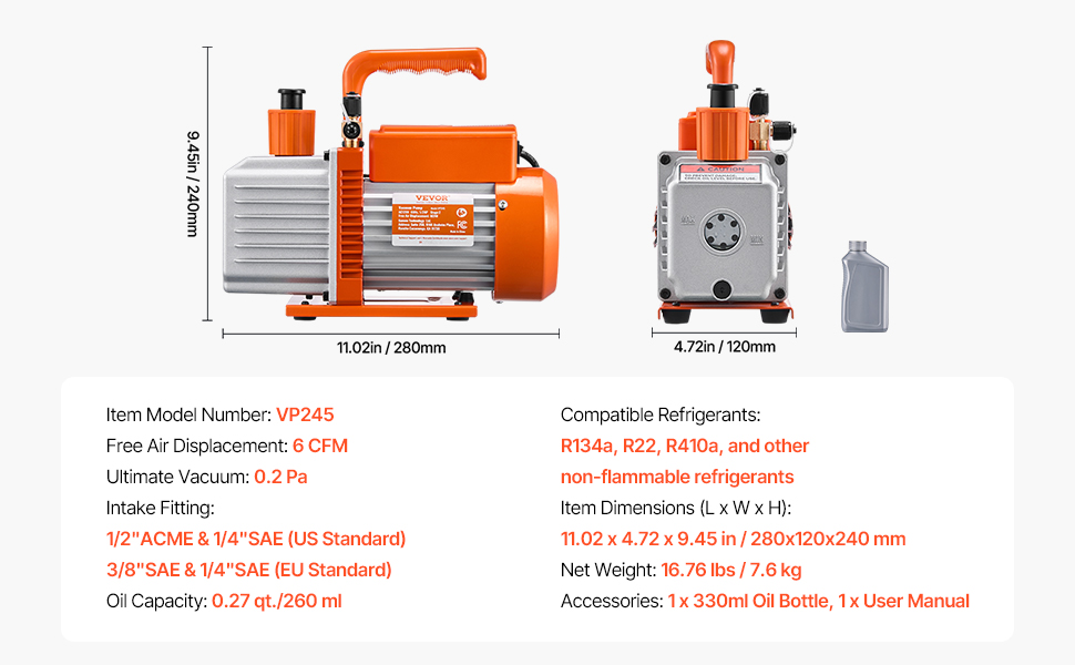 Vacuum Pump 6 CFM HVAC 2 Stage Rotary Vane Vacuum Pump Oil Included ...