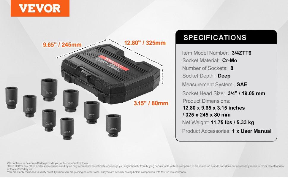 VEVOR Axle Nut Impact Socket Set 3/4" Deep Drive 6-Point 8PCS SAE ...